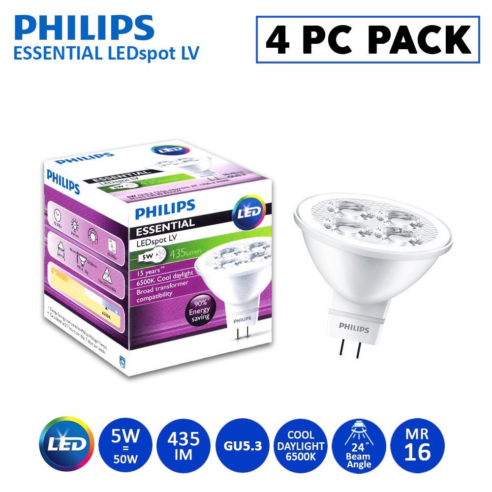 4 PC PACK | Philips Essential LEDspot LV | 5W-50W | MR16 GU5.3 | Cool Daylight (6500K) | Shopee ...