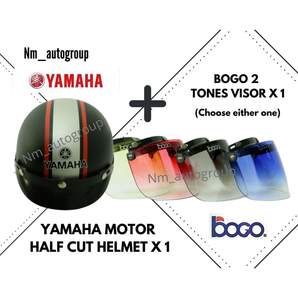 YAMAHA New Half-Cut Helmet Matte Black/Blue/Red + Bogo 2 Tones Visor Set (Black/Blue/Red/Yellow ...