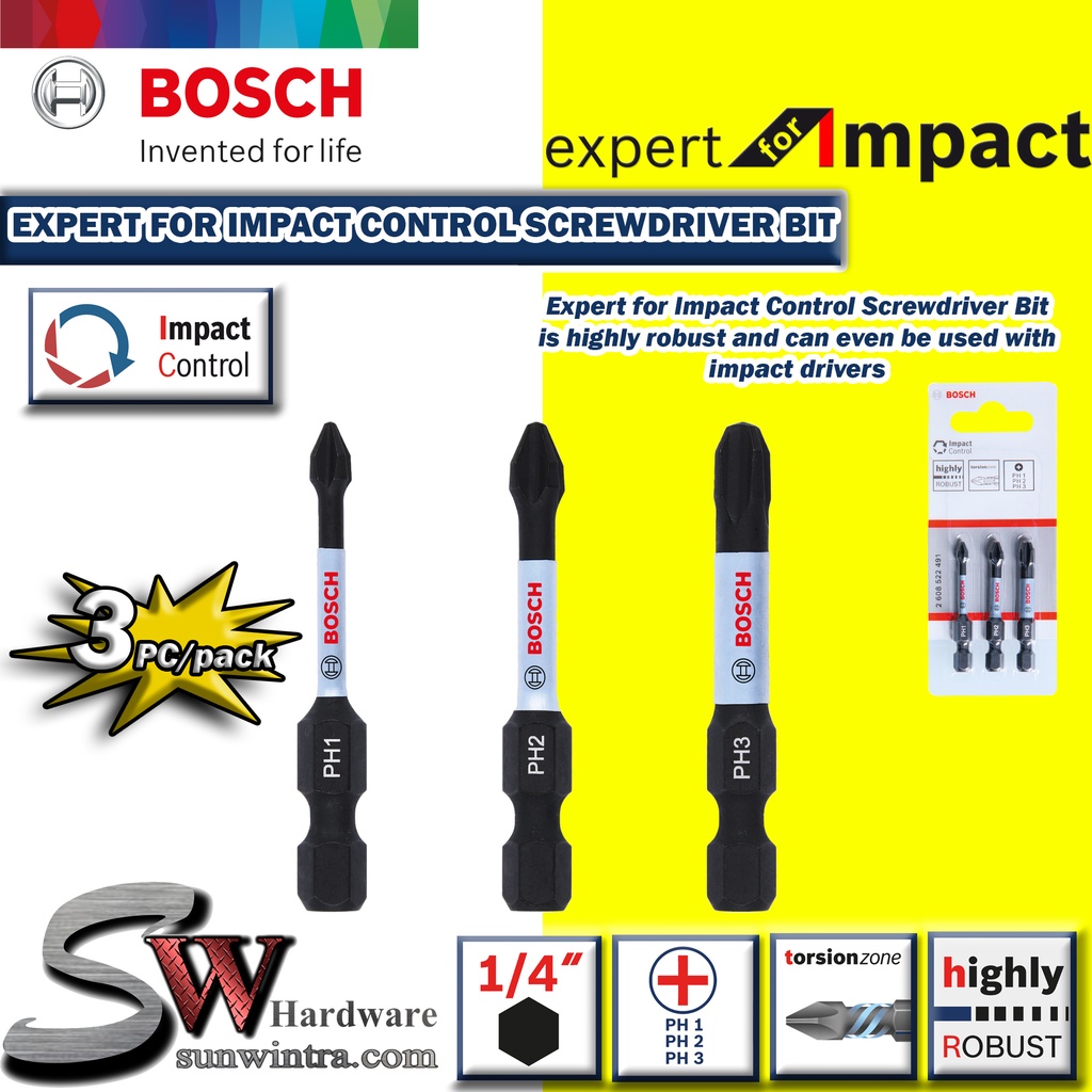 Bosch Impact Screwdriver Bit Set PH 1 PH 2 PH 3 with 1/4" HEX Shank ...