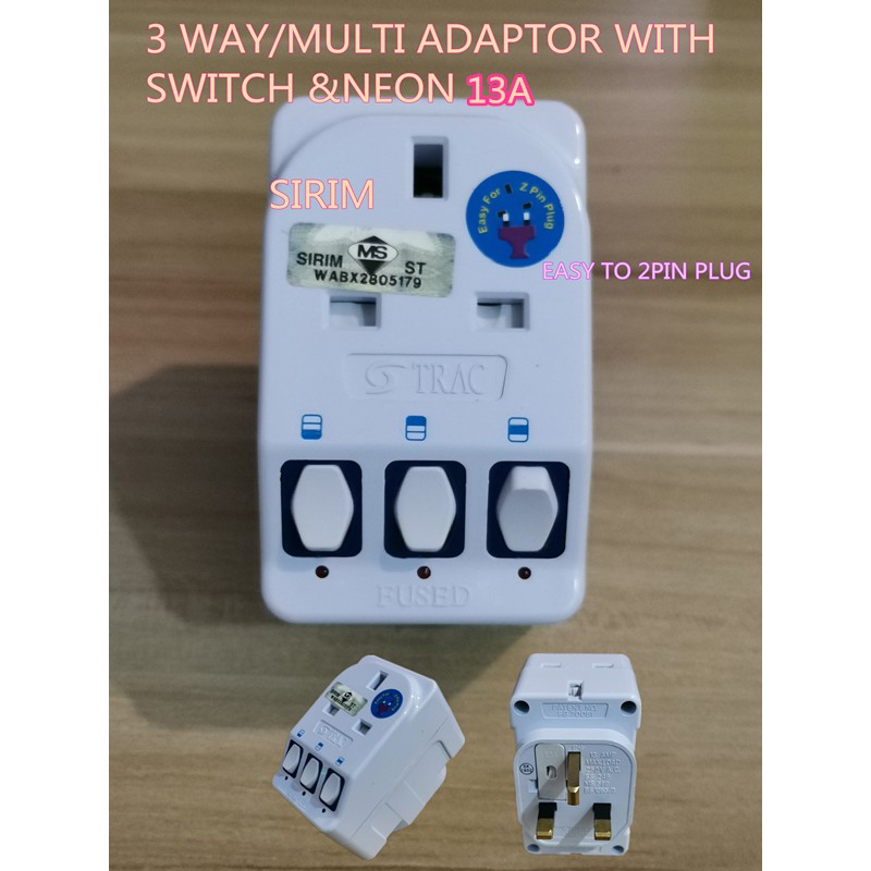 Trac /Euro 13A 3 Way Adaptor Extension Socket w/ Switch & Neon ...