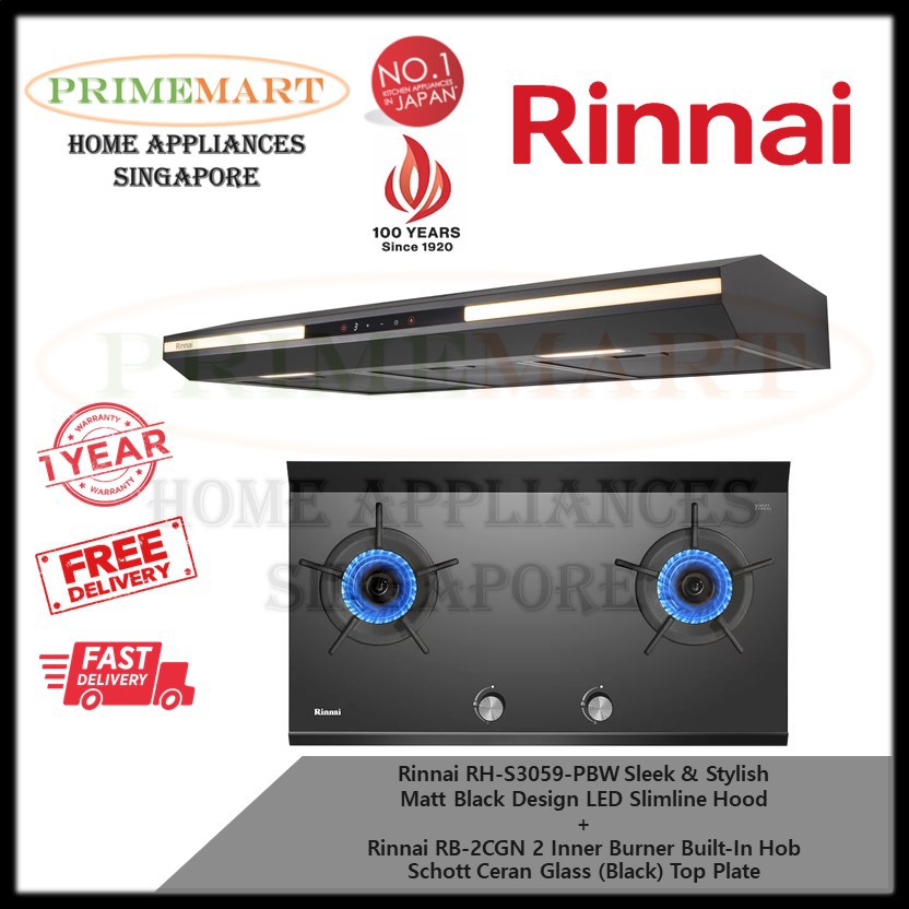 Rinnai RH-S3059-PBW Slimline Hood + RB-2CGN 2 Inner Burner Built-In Hob BUNDLE - FREE DELIVERY ...