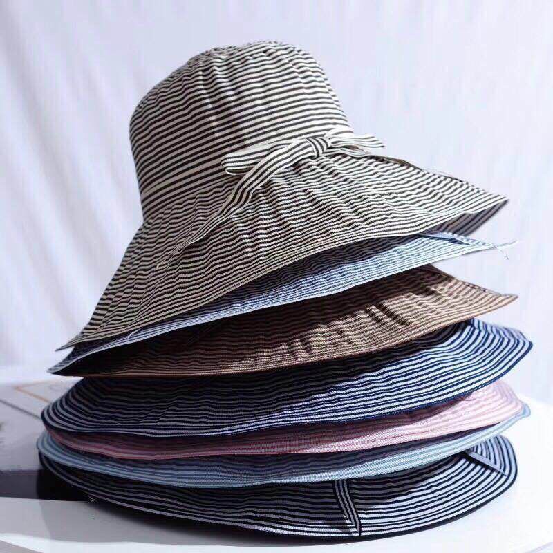 Wide-brimmed fabric sun hat (with drawstring + frame) in striped fabric ...