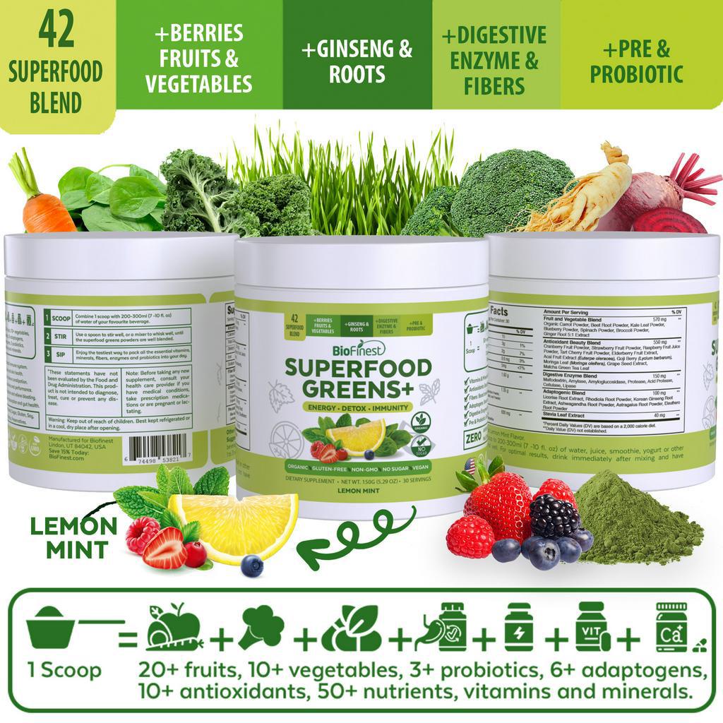 Biofinest Superfood Greens+ Powder Drink Probiotics Enzymes Fibers Acai ...