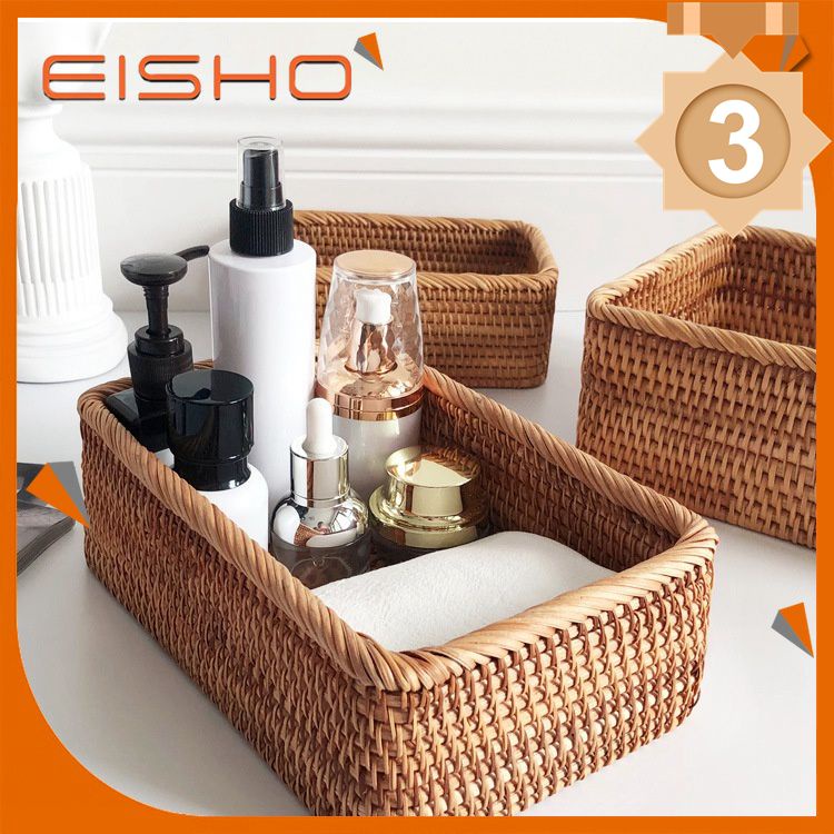 EISHO Hand-Woven Rectangular Rattan Wicker Basket Bread Storage Box ...