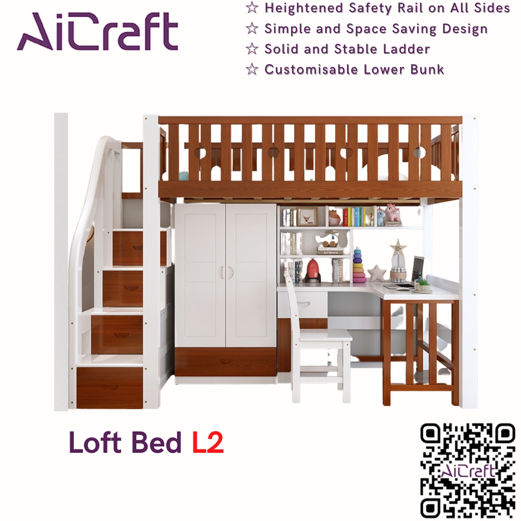 [CUSTOMIZE] Loft Bed L2 Wooden Kids Children Bedframe Multifunctional Combination Upper Lower ...