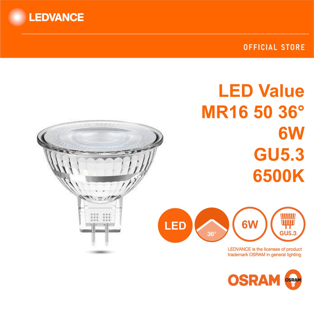 OSRAM LED Value MR16 50 36° 6W GU5.3 6500K | Shopee Singapore
