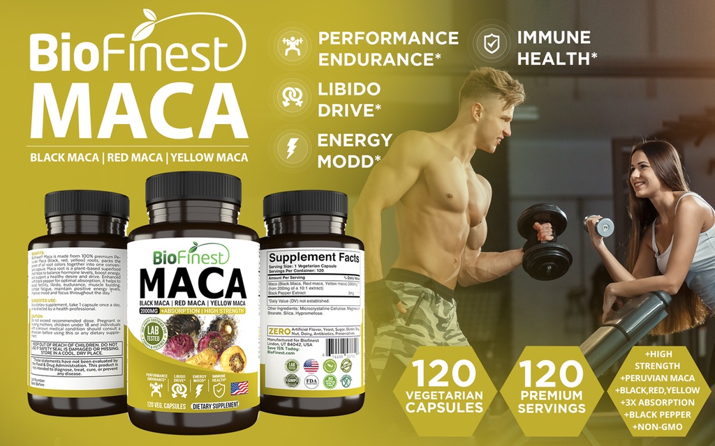 Biofinest Peruvian Maca 2000mg - 3x Black Red Yellow Maca Root ...