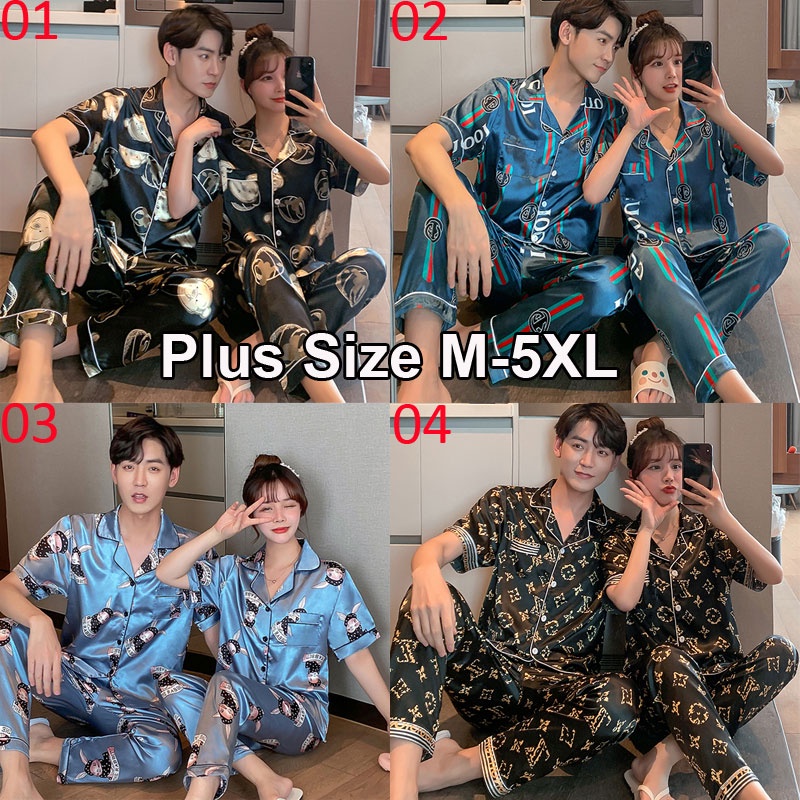 Plus Size M-5XL Men Women Unisex Couple Short Sleeves Silk Satin ...