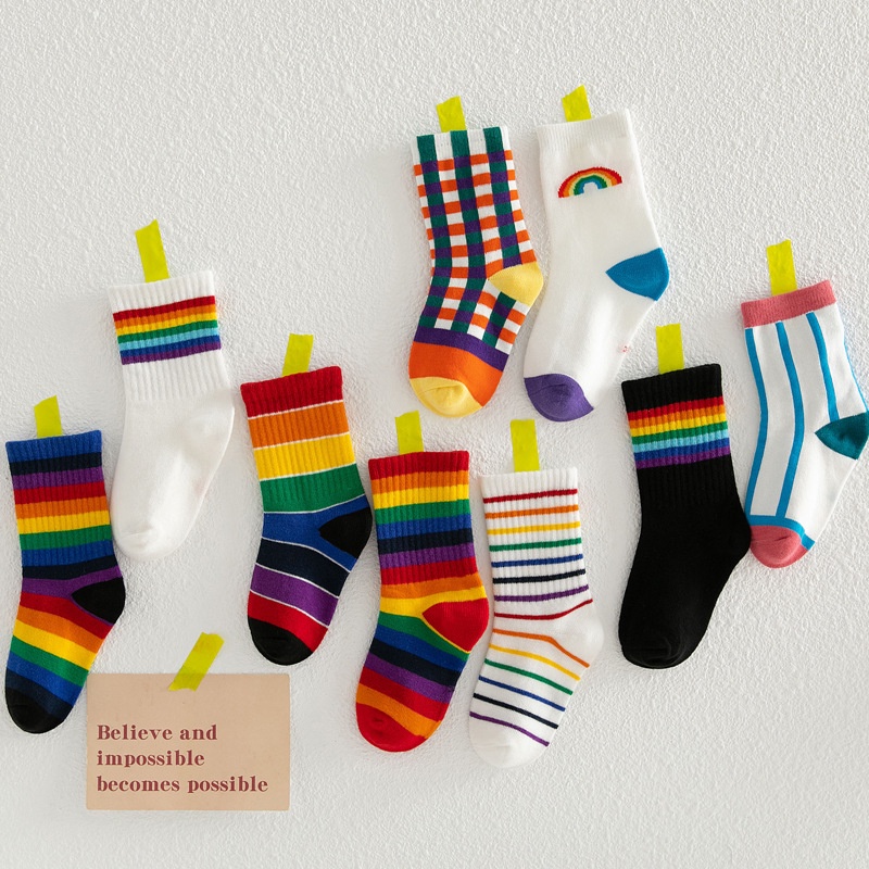 3 Pairs Children Socks Japanese Rainbow Baby Cotton Socks Thin Striped ...