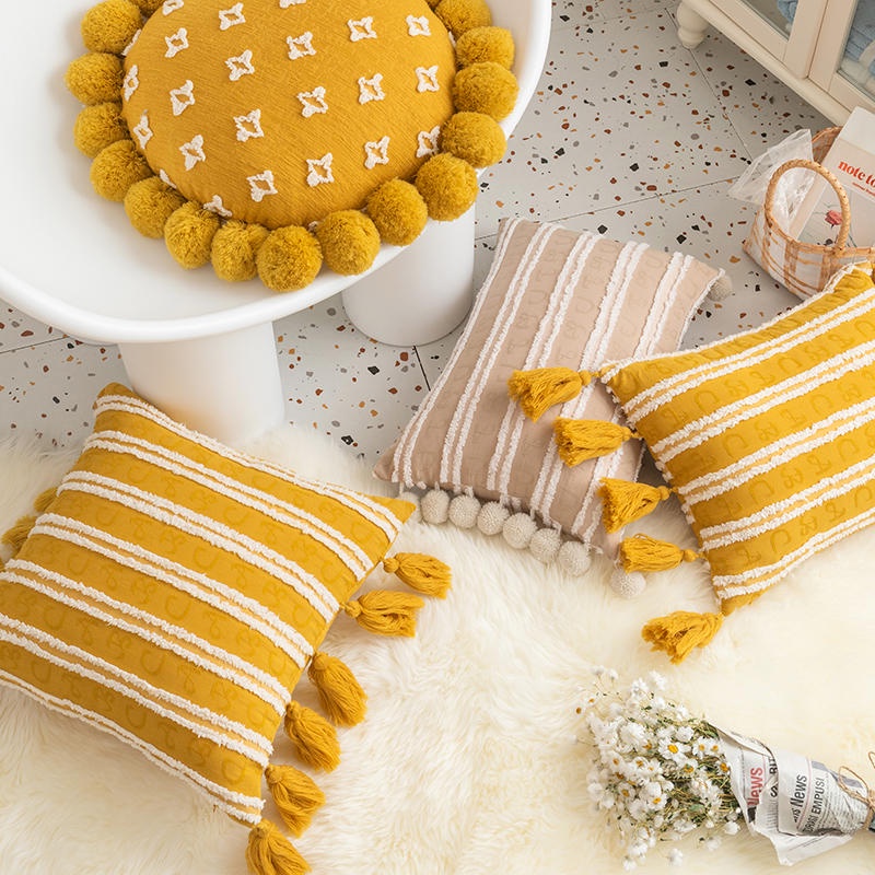 Round Seat/Back Cushion With Fur Balls Yellow Color Throw Pillow Lumbar ...