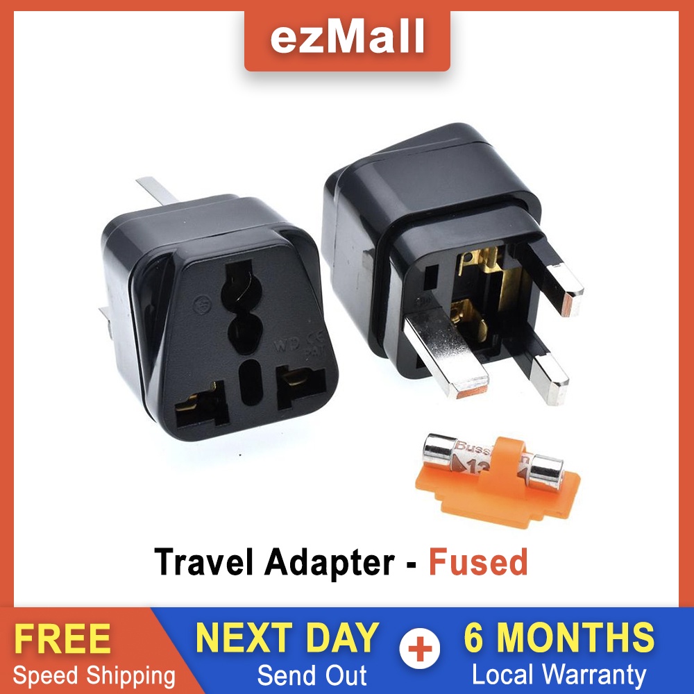 Travel Adaptor with Fuse, Universal to UK, SG 3 Pin Plug Adapter, Power ...