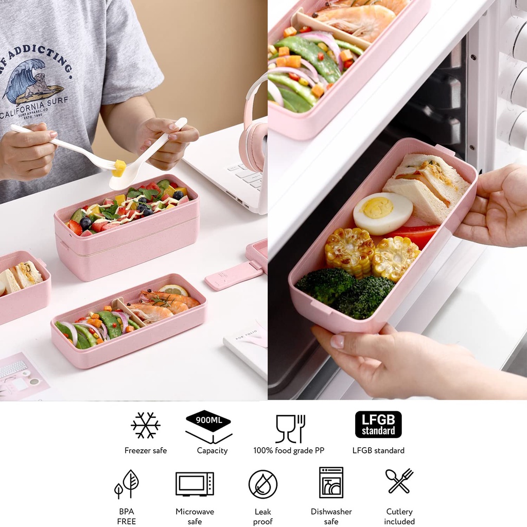 Stackable Bento Box Japanese Lunch Box Kit with Spoon & Fork, 3-In-1 ...