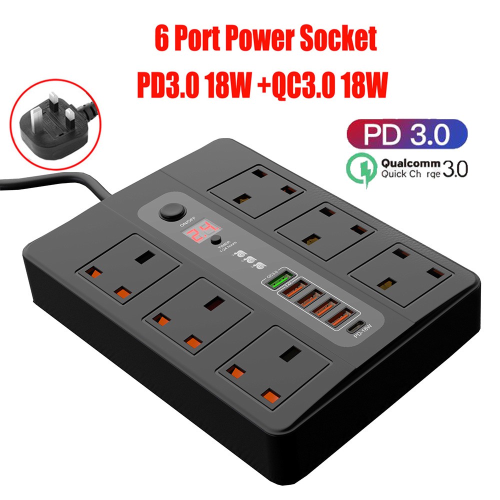 Power Socket 3000W Power Strip 6 AC Outlet with QC3.0 PD USB Fast ...
