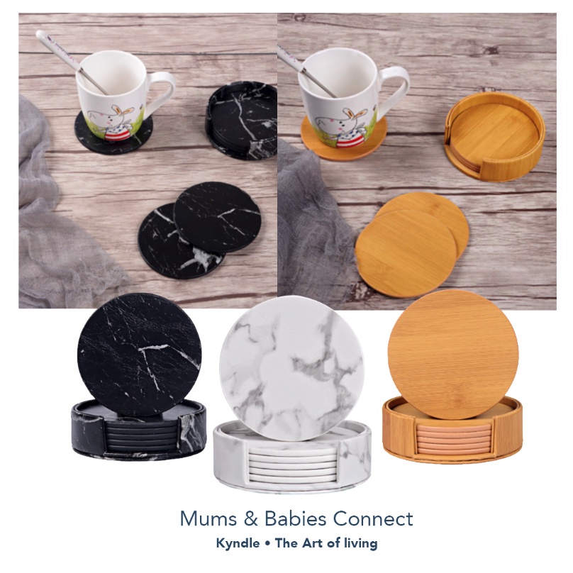 6PCS Marble Cup Coaster with Casing- White & Black Marble | Bamboo ...