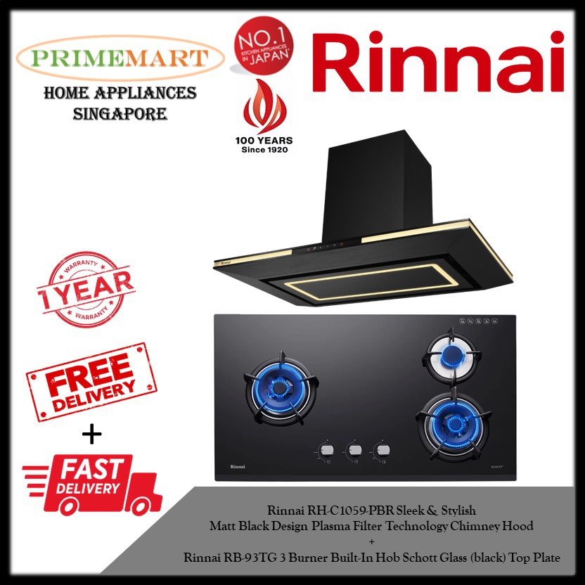 Rinnai RH-C1059-PBR Chimney Hood + RB-93TG 3 Burner Built-in Hob *BUNDLE - FREE DELIVERY ...