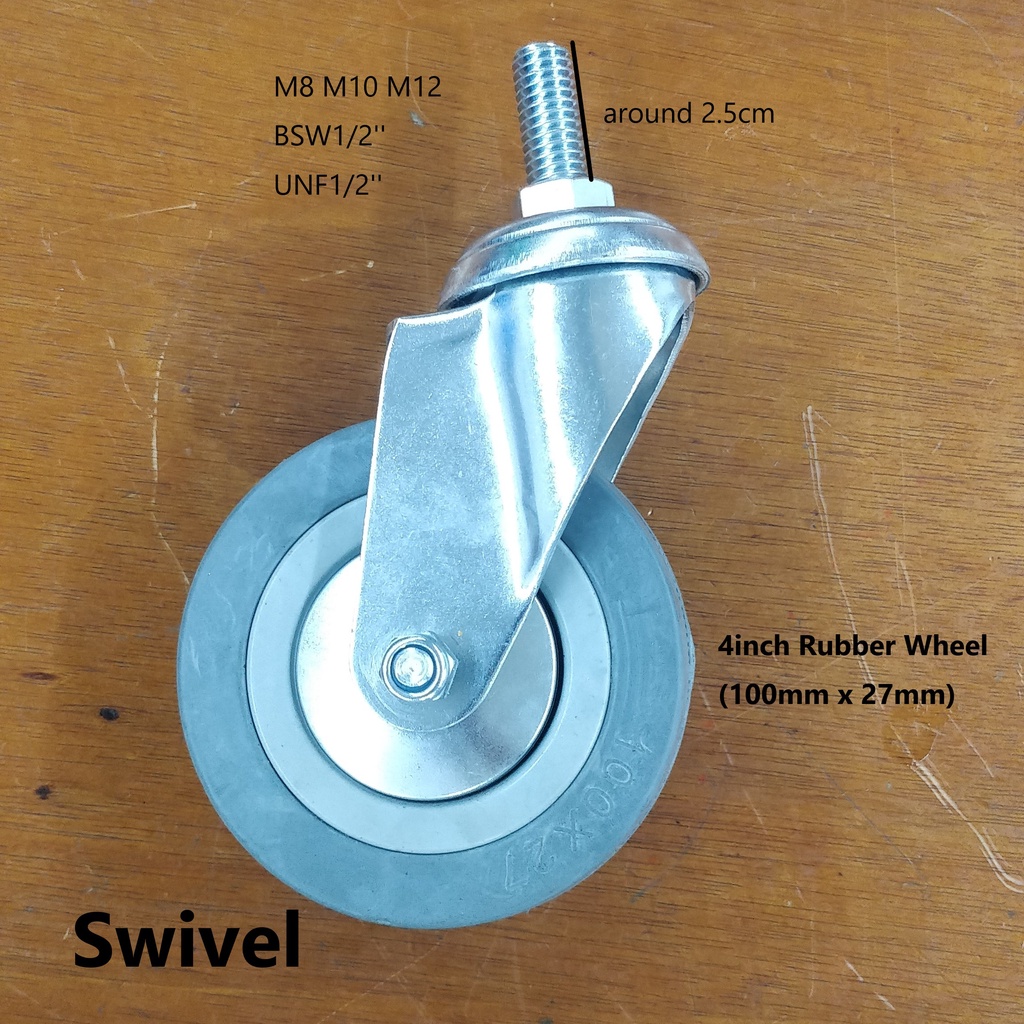 4'' (100mm) light duty Grey Rubber Wheel Bolt Hole M8 M10 M12 BSW UNF ...