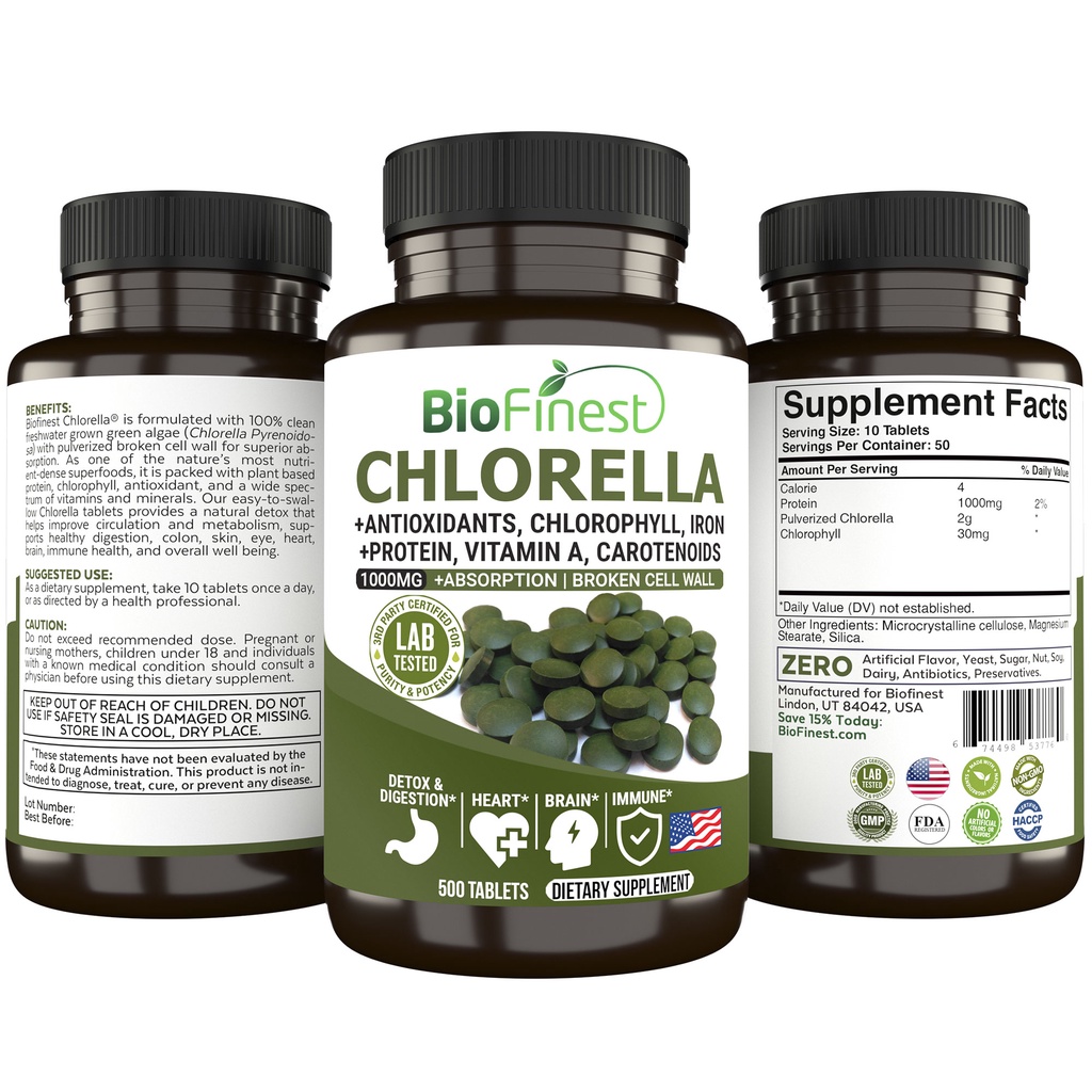 Biofinest Chlorella 1000mg Supplement - Antioxidant Superfood Algae ...