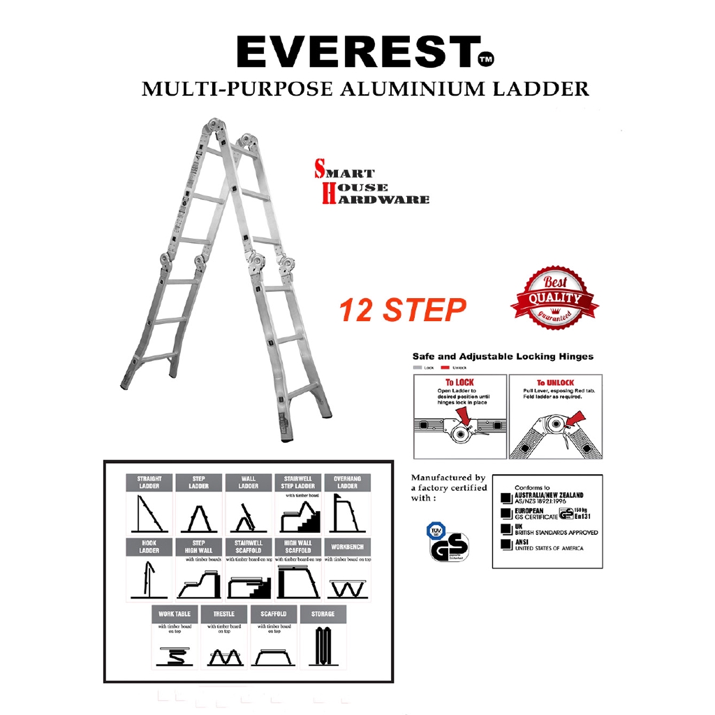 EVEREST 12 STEPS MUTLI-PURPOSE ALUMINIUM LADDER | Shopee Singapore