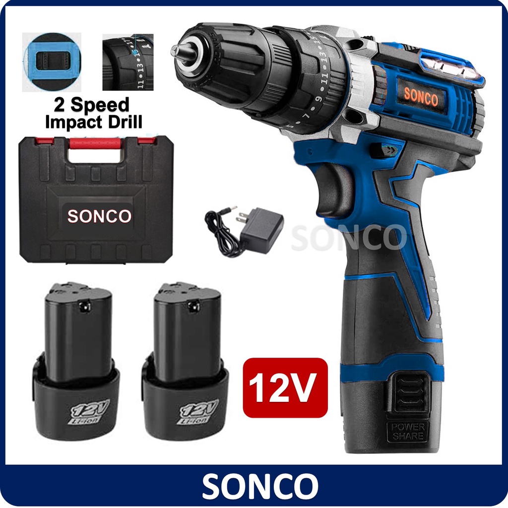 SONCO 12V Cordless Impact Drill Screwdriver 2 Battery Hammer Drill 3 ...