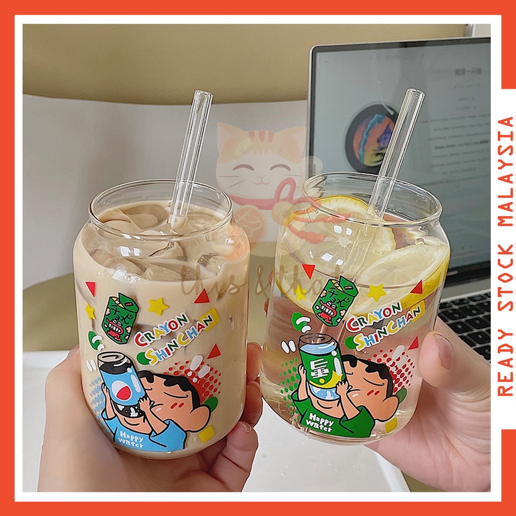 Crayon Shin Chan 蜡笔小新 Glass Drink Cup With Straw High Temperature ...