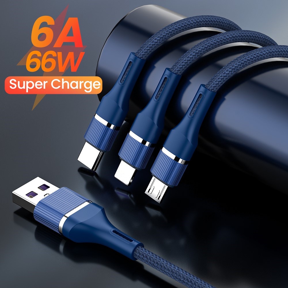 6A Super Fast Charge 3 in 1 Micro USB Type C Charging Cable Nylon ...