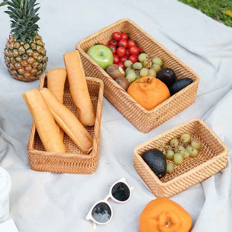 Hand-Woven Round Vietnam Wild Cane Rattan Rectangle Basket Snack Bread ...