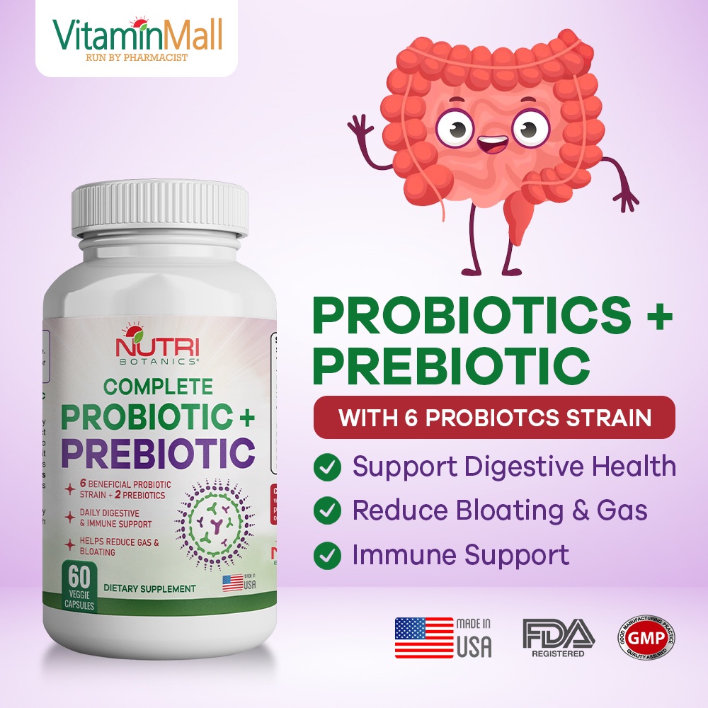 Nutri Botanics Prebiotic Probiotic Supplement - 6 Strain Probiotics - Digestive Gut Health - 60 ...
