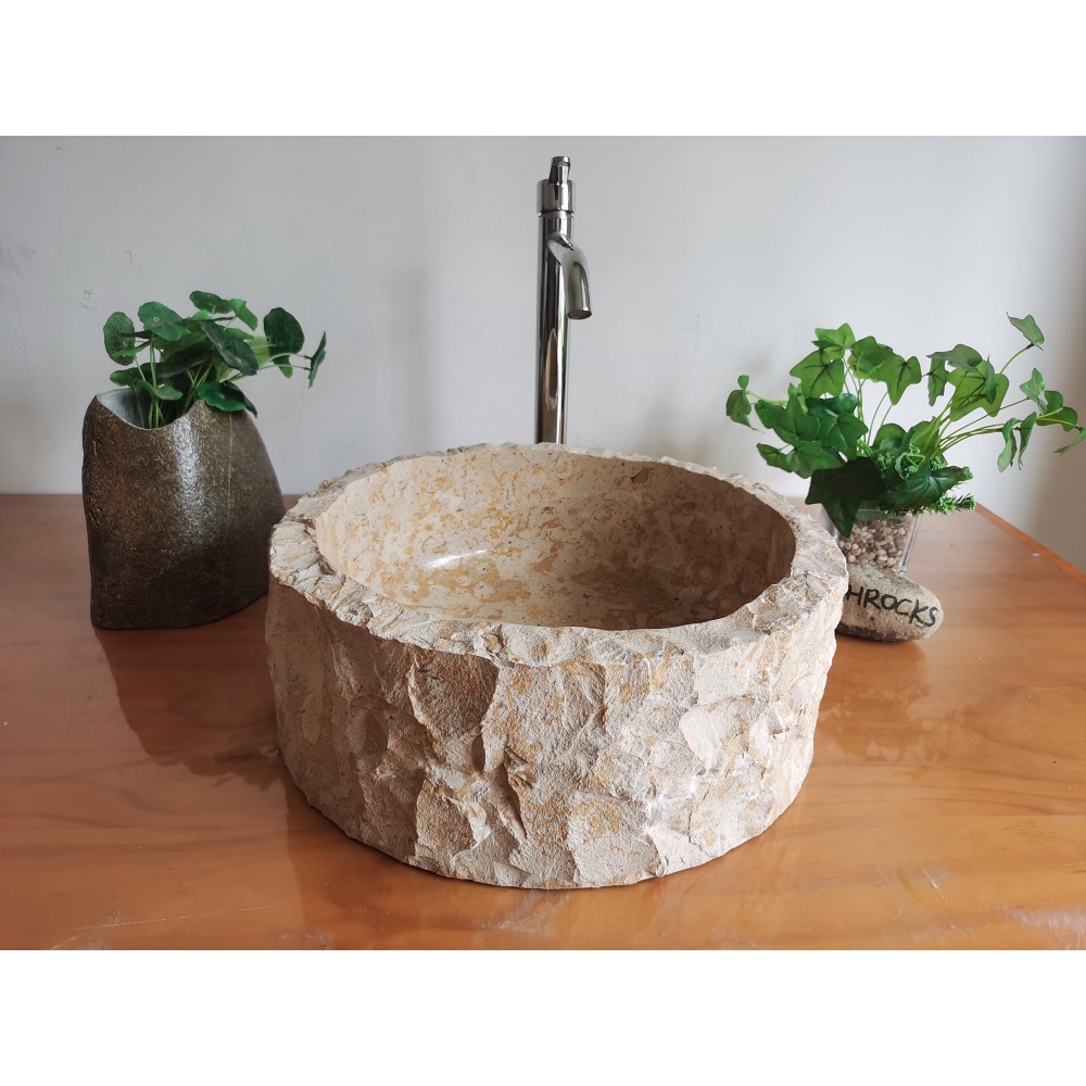 beige travertine stone round basin for bathroom washing hands marble ...