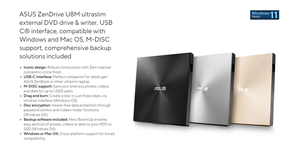 ASUS ZenDrive U8M ultraslim external DVD drive & writer, USB C ...