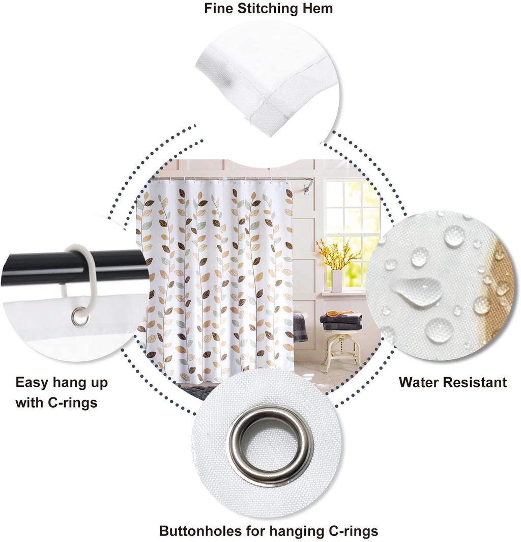 Shower Curtain for Bathroom with 12 Hooks, Polyester Fabric Machine ...