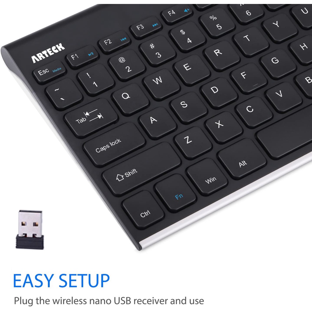 Arteck 2.4G Wireless Keyboard Stainless Steel Ultra Slim Full Size ...