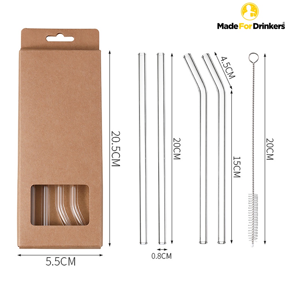 Borosilicate Glass Straw Set - 20cm X 8mm Reusable Straws + Cleaning ...