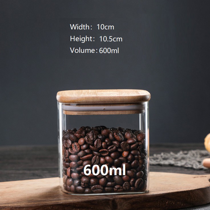 Square Shape Glass Coffee Bean Jar Food Storage Container with Bamboo ...