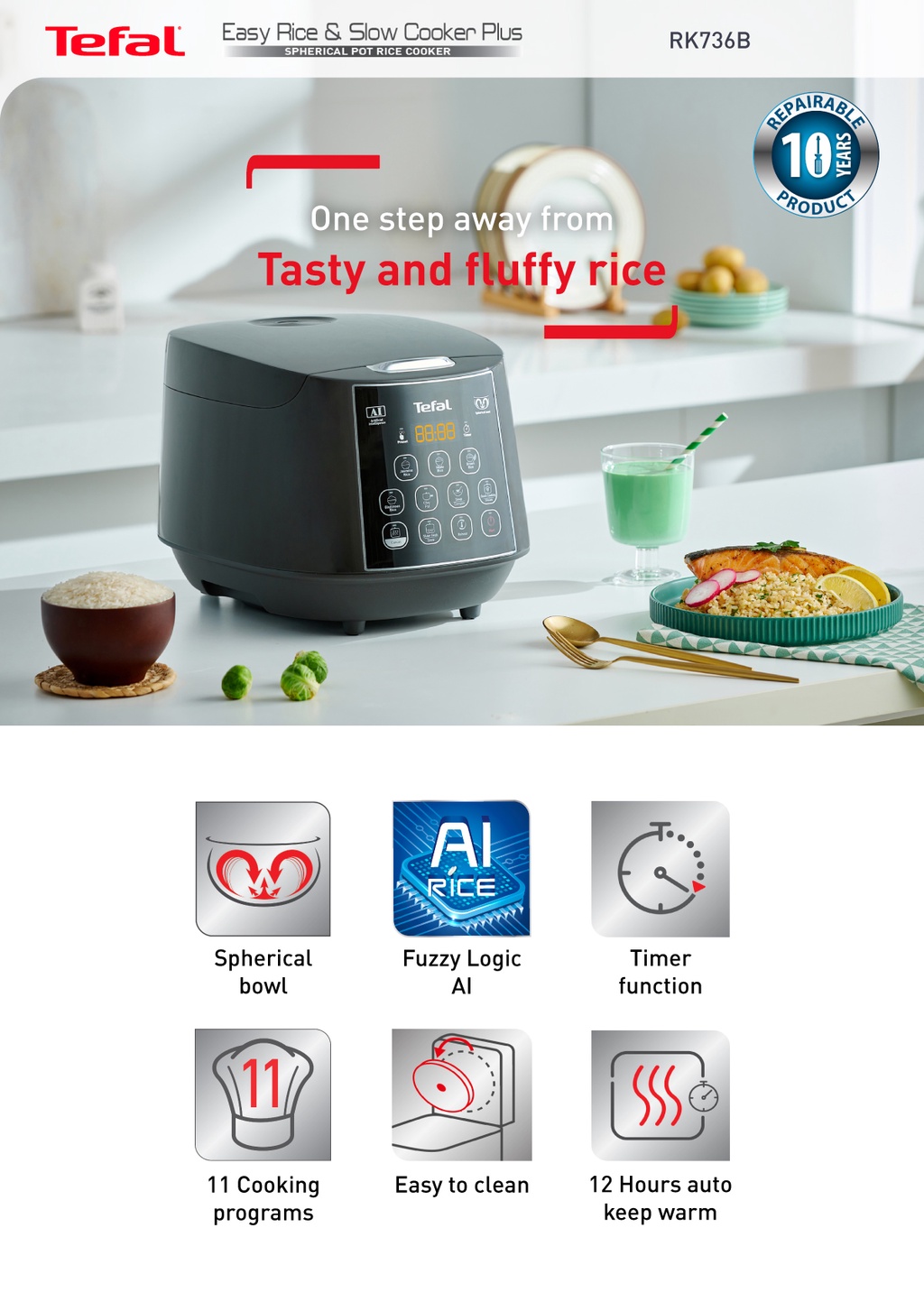 Tefal Easy Plus Rice Cooker 1.8L RK736B - 11 programs, AI, spherical pot, removeable inner lid ...