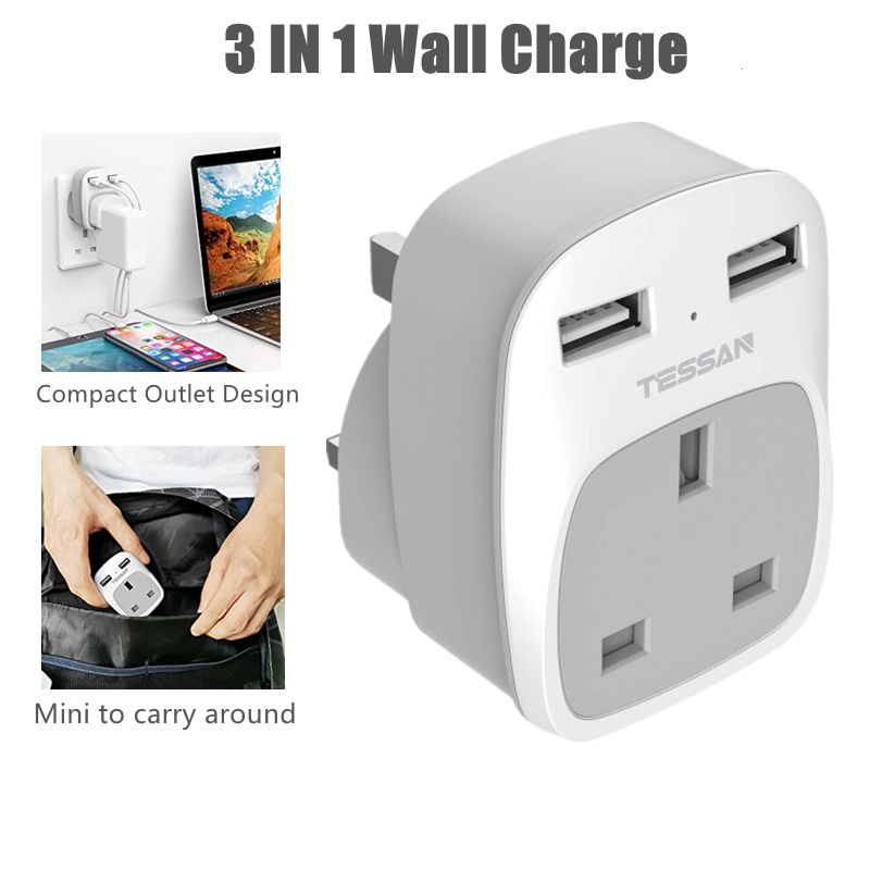 TESSAN Plug Adapter with 3 USB, Double Plug Adaptor Multi Plug ...