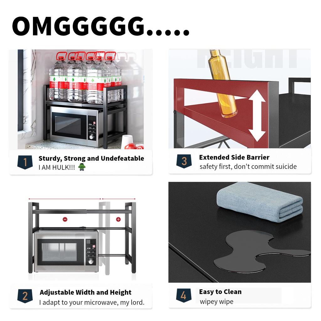 Adjustable Microwave Oven Rack Kitchen Storage Shelf (White and Black ...