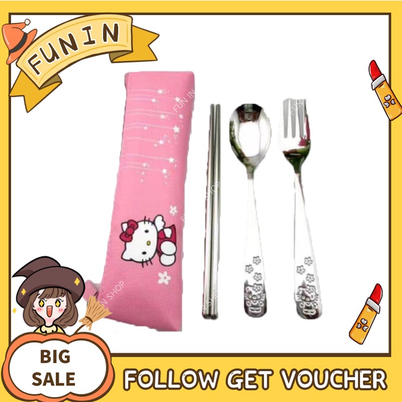 Cartoon Hello Kitty Stainless Steel Travel Dinnerware Set | Shopee ...
