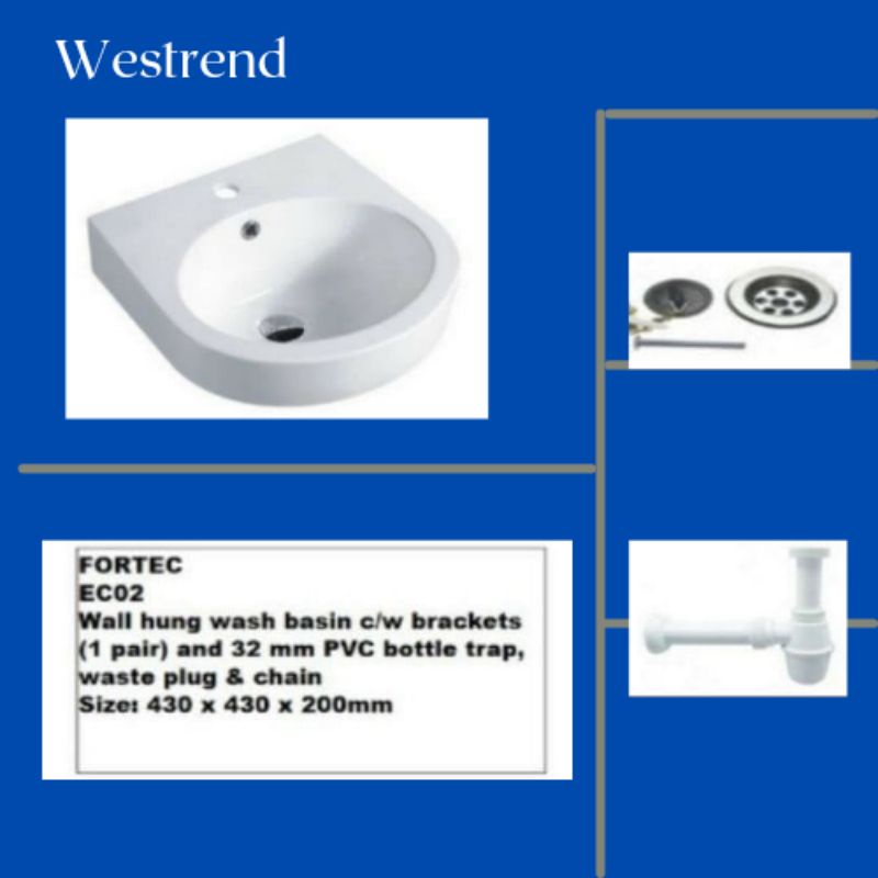 fortec wall hung wash basin c/w bracket with bottle trap pvc and waste ...