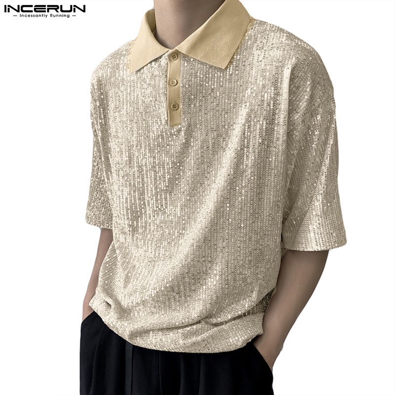INCERUN Men Wet Look Short Sleeve Button Up Patchwork Casual Polo ...