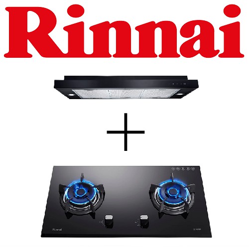 RINNAI RH-S329-PBR 90CM SLIMLINE HOOD WITH TOUCH CONTROL + RINNAI RB-72G 2 BURNER GLASS GAS HOB ...