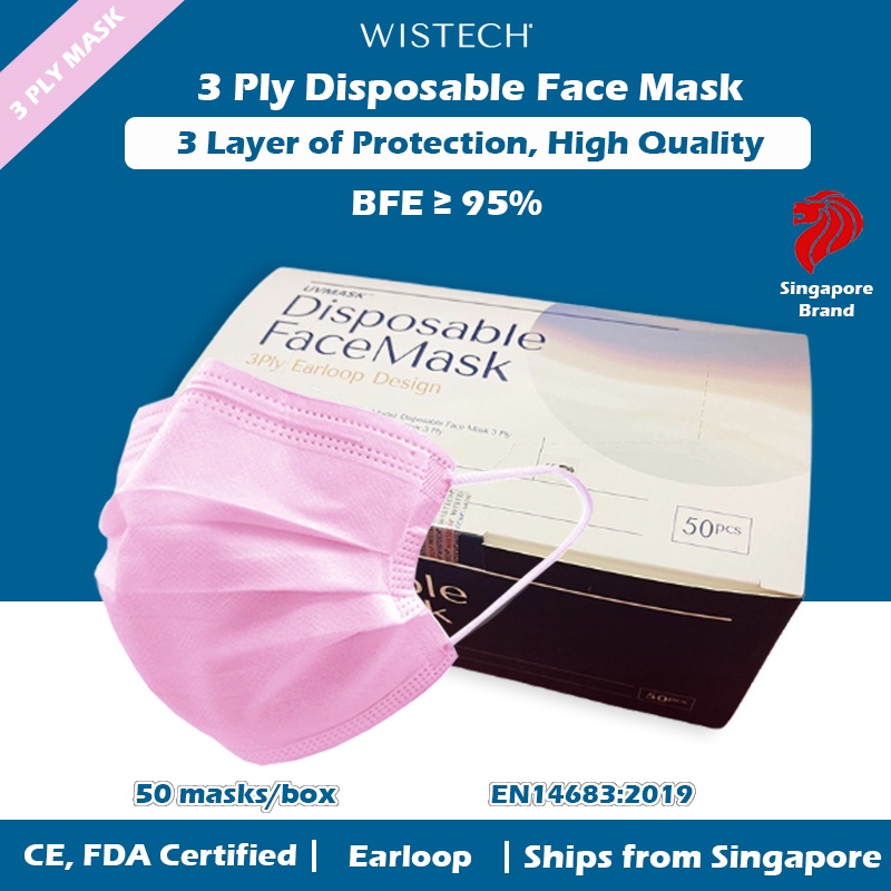 Wistech PINK Mask 3 Ply EarLoop Medical Grade Disposable Mask 50 PCs ...