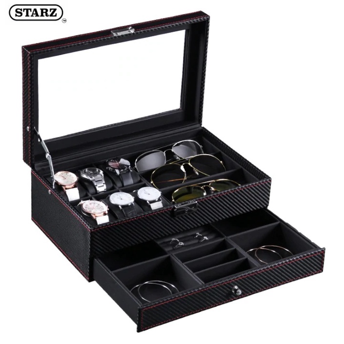 STARZ - 2 Tier PU Full Carbon Fiber Watch, Spectacles & Jewelry Storage ...