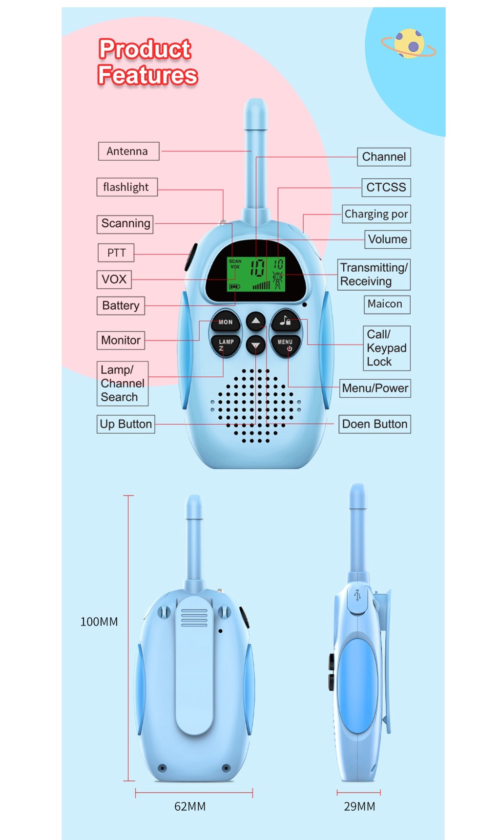 2 Pack Pink+Blue Walkie Talkie For Kids 3 KM Long Distance Wireless ...