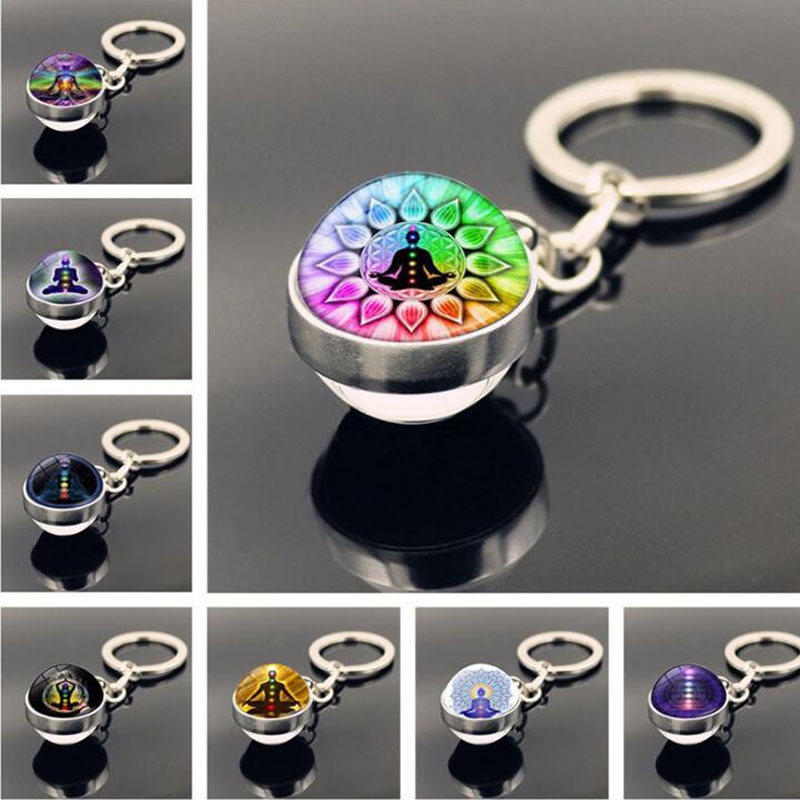 1pc 7 Chakra Yoga Keychain OM Symbol cabochon Double-sided Crystal ...