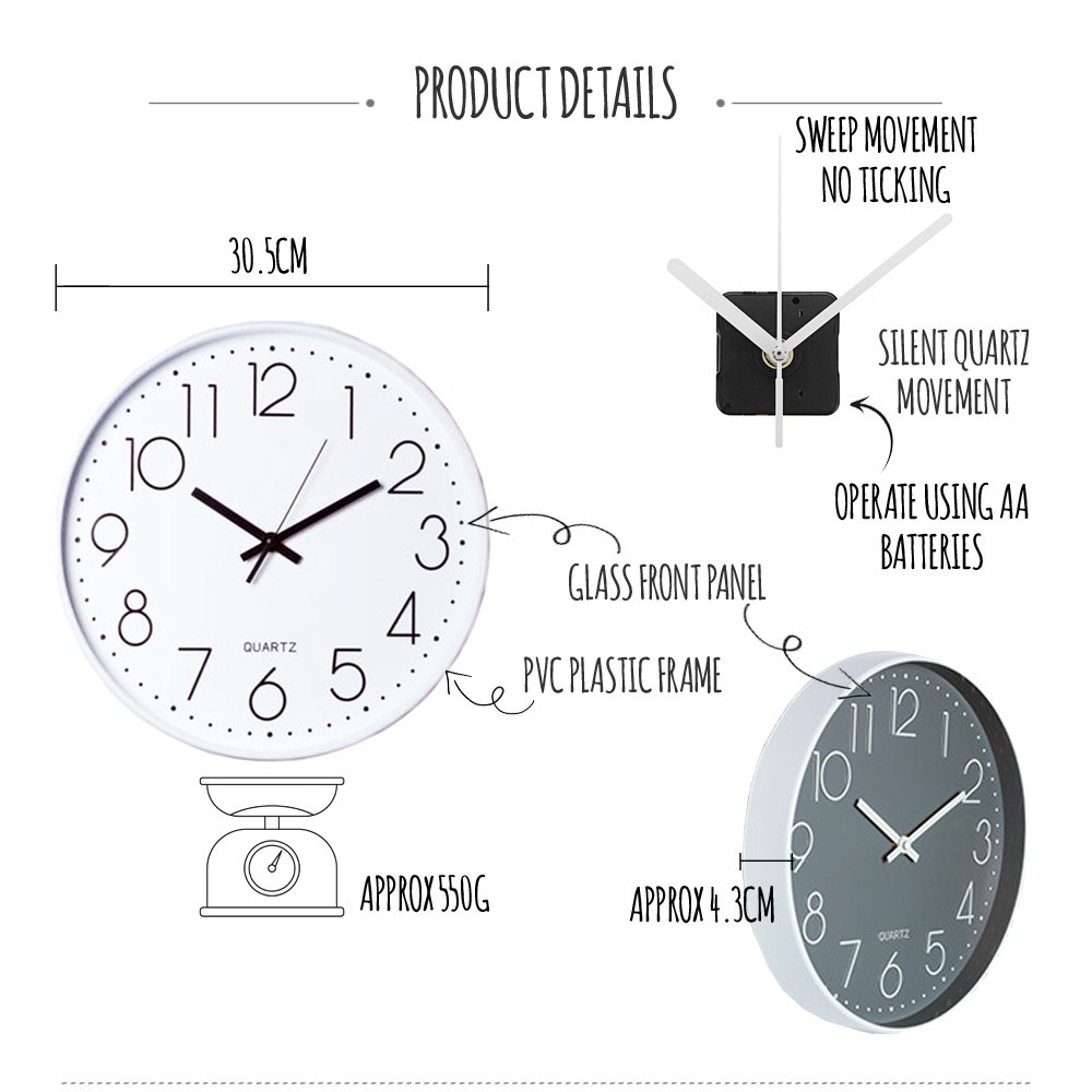 (SG STOCK) Quartz Silent Wall Clock for Living Room Home Office with ...