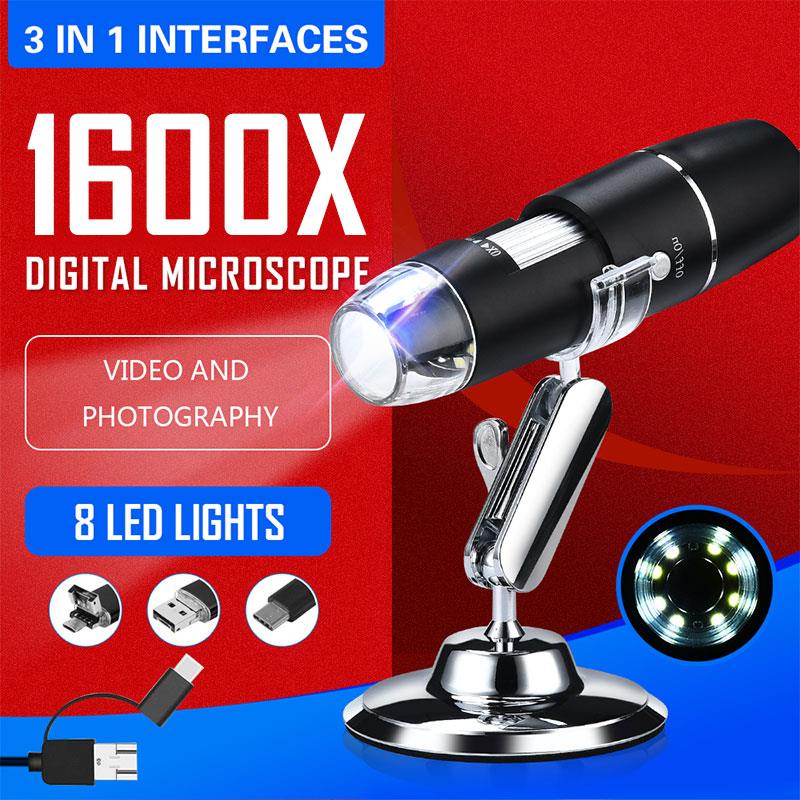 Microscope 8 LED 1600X Handheld Portable Digital Microscope USB ...