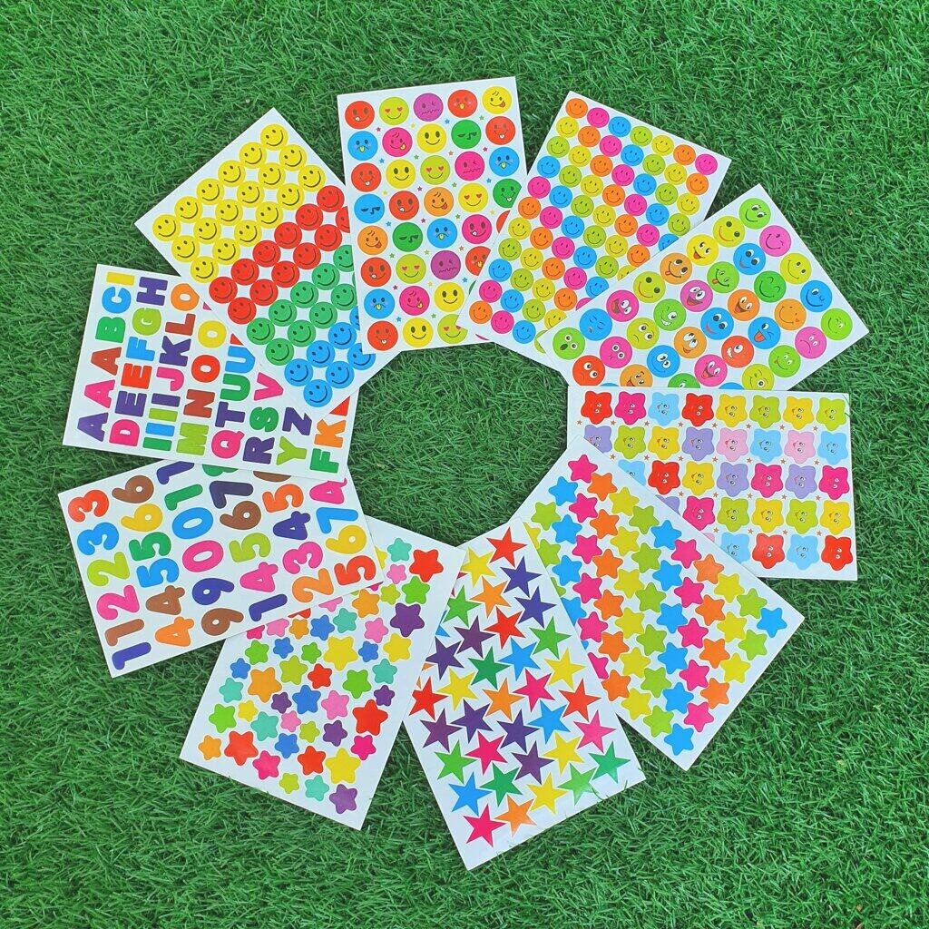 Stickers (10 Sheets) Stars Smiley Face Emojis Numbers Alphabet Books ...