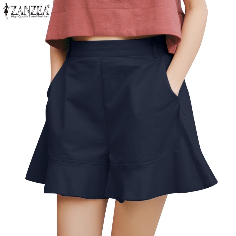 ZANZEA Women Korean Simple Daily Casual Hem Ruffle Waist Elastic Shorts ...