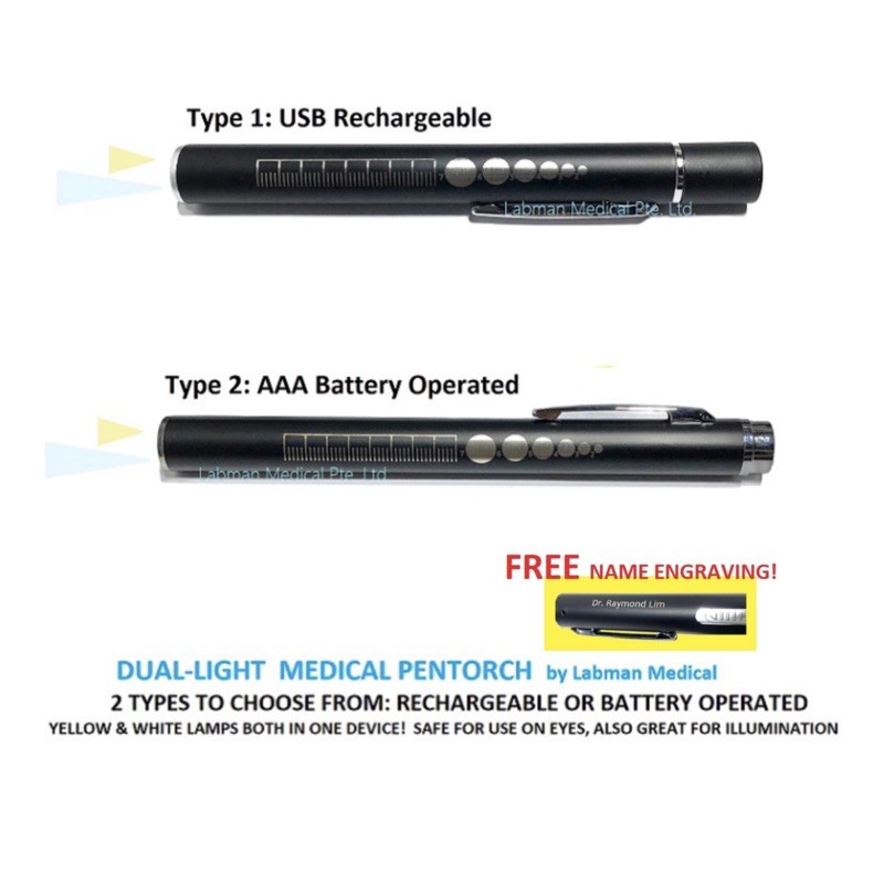 DUAL-LIGHT Medical Pentorch / Penlight, Pen torch YELLOW & WHITE light ...