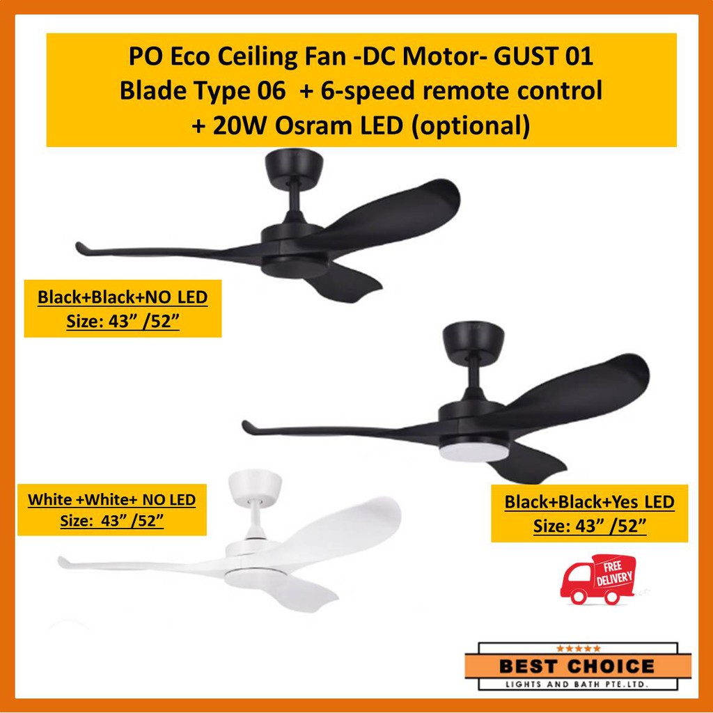 FREE WIFI PO Eco Ceiling Fan DC Motor GUST H1 Blade Type 06[Full Black ...